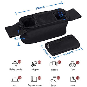 Big Hippo Stroller Organizer With Cup Holders,Durable Baby Stroller Bag with Bonus 2 Pack Stroller Hooks,Detachable Phone Bag & Shoulder Strap,Fits for Stroller like Uppababy,Baby Jogger