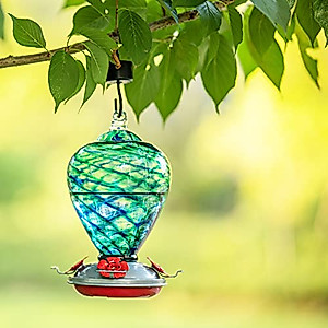 LaElvish Garden Hummingbird Feeders, 34OZ Hand Blown Glass Hummingbird Feeder for Outdoors Hanging with Ant MoatHooks, Perfect for Gardening Yard Patio Decor Gifts (Blue Mermaid)