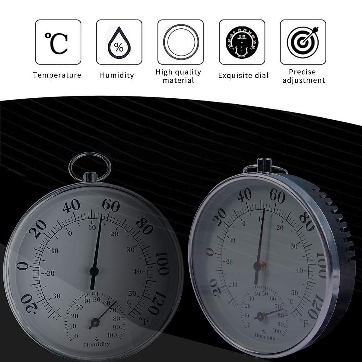 CHIVENIDO Indoor Outdoor Thermometer, Mini Thermometer Hygrometer for Car, Greenhouse, Baby Room, Freezer, No Battery Required Hanging Hygrometer Round 2" in Diameter (Silver)