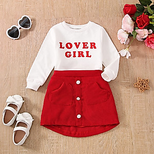 Toddler Valentines Day Outfit Baby Girl Valentines Shirt Love Sweatshirt+Heart Corduroy Skirts Cute Clothes Set (Lover Girl Red,4-5T)
