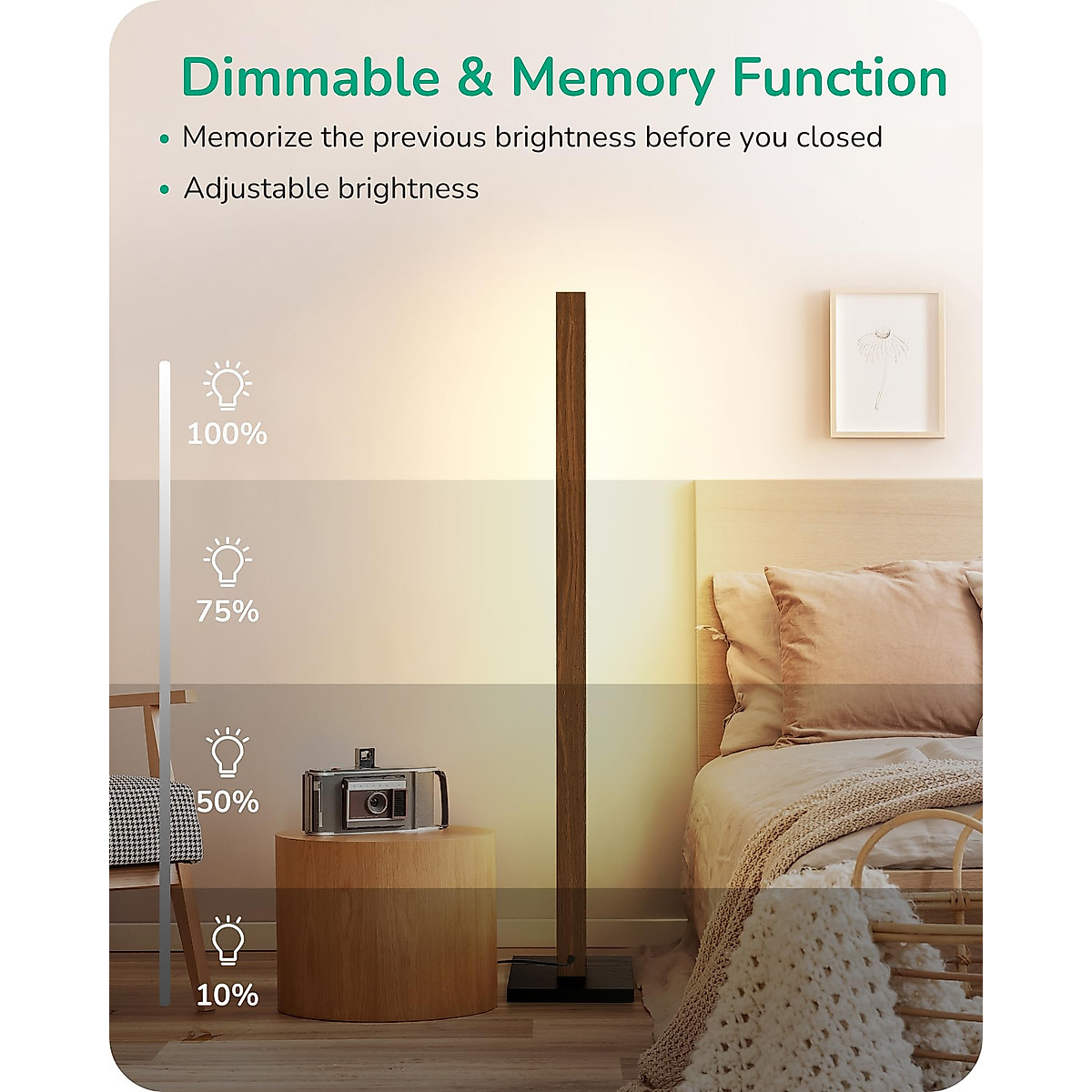 EDISHINE Mid Century Modern Floor Lamp with Remote, Dimmable Wood LED Corner Light, Minimalist Standing Mood Lighting for Living Room, Bedroom, Office, 7 Color Temperature 2700K~6000K, 46"