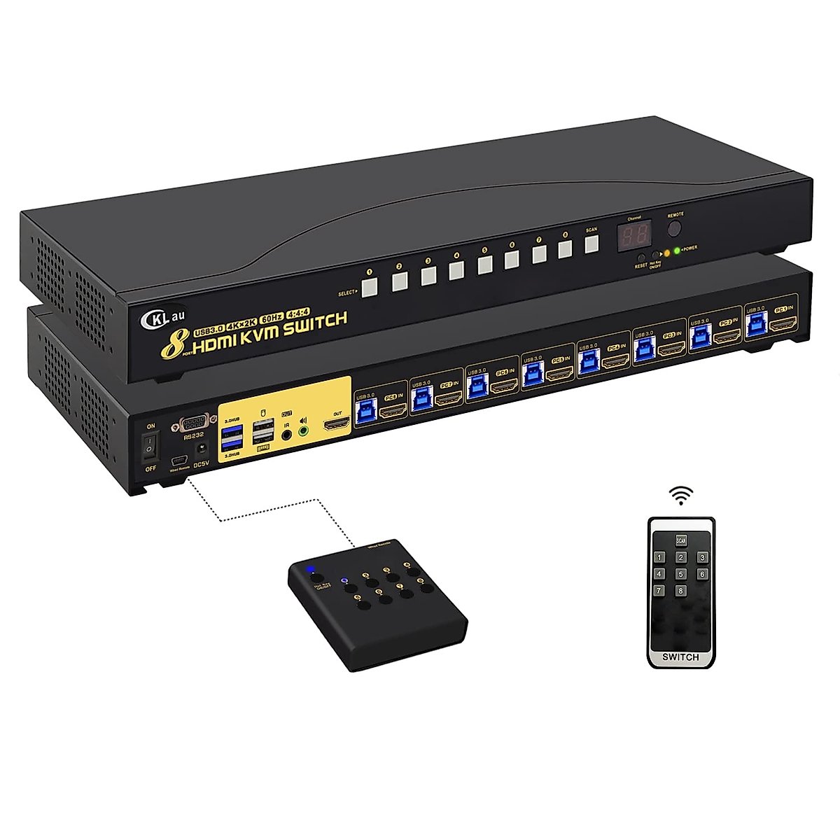 CKLau 8 Port USB 3.0 Rack Mount HDMI KVM Switch 4K60Hz with Audio, 2 pcs USB 3.0 Hub, and Cables Supports Keyboard Mouse Switching