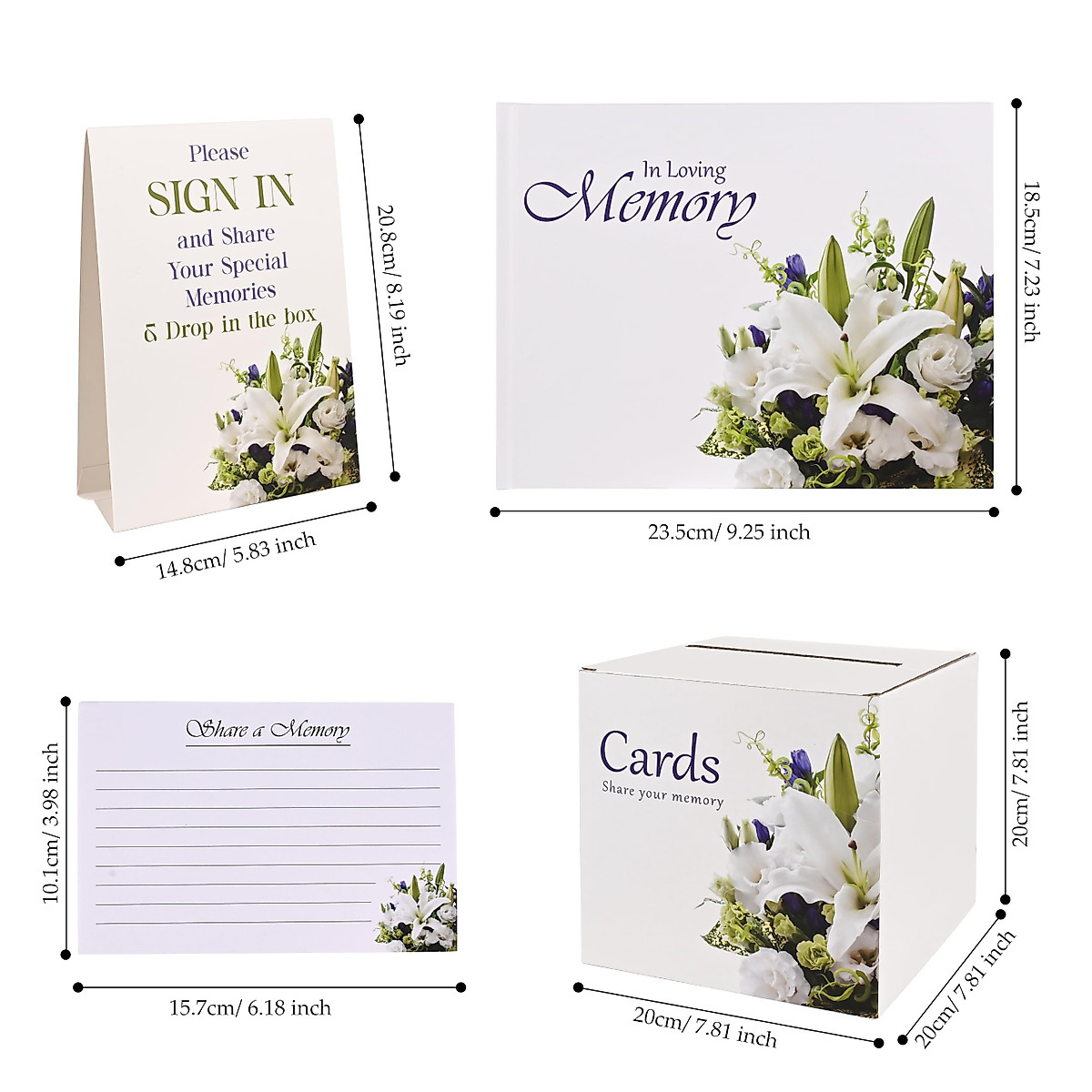 Customoffi Guest Book Set, Funeral Guest Book, Includes: Guestbook with 100 Pages, 60 Memory Cards, Ball Pen+Pen Stand, Table Sign, Card Box, Celebration of Life Guest Book, Memorial Guest Book