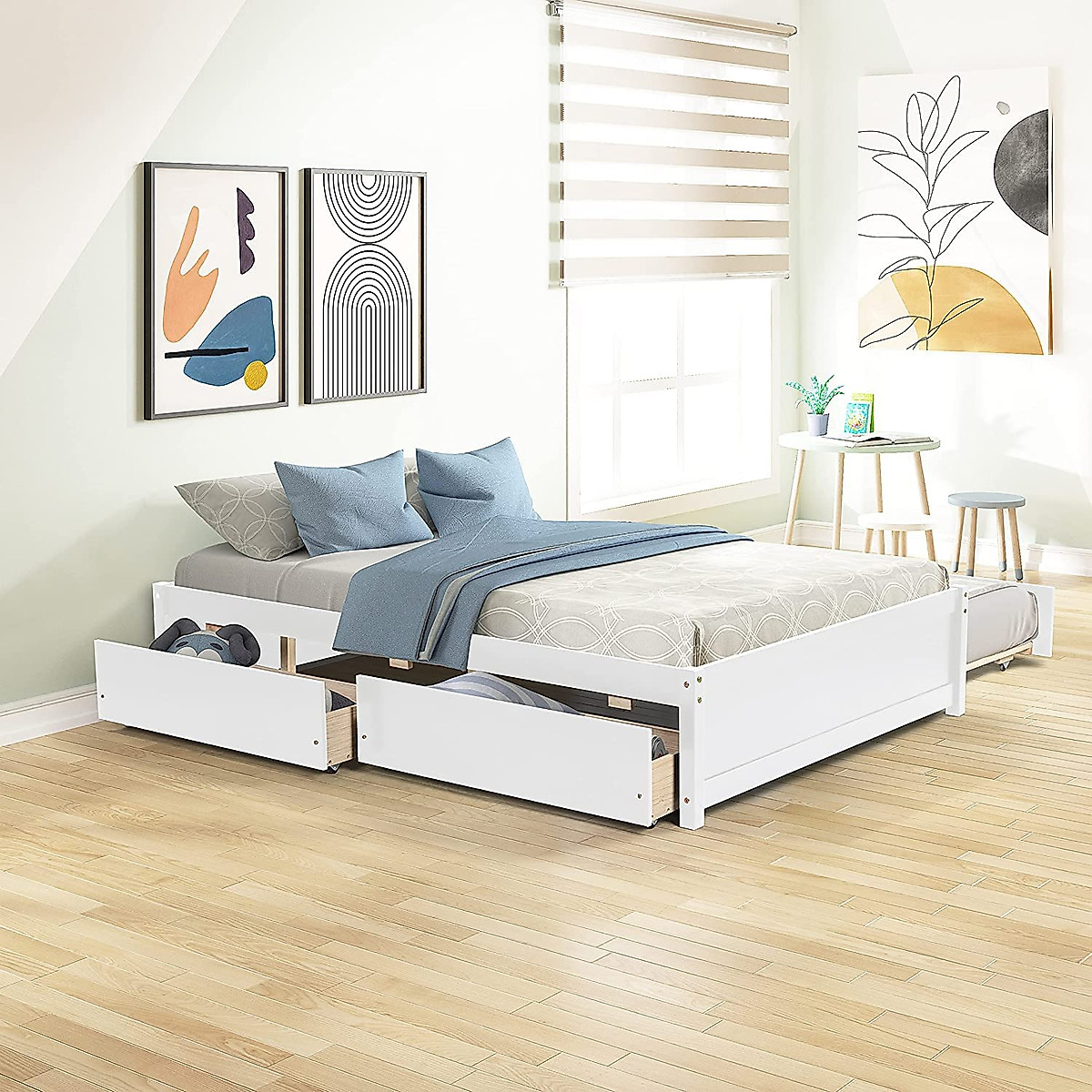 Rophefx Full Size Platform Bed with Trundle and 2 Drawers, Solid Wood Full Kids Beds with Twin Size Trundle, White