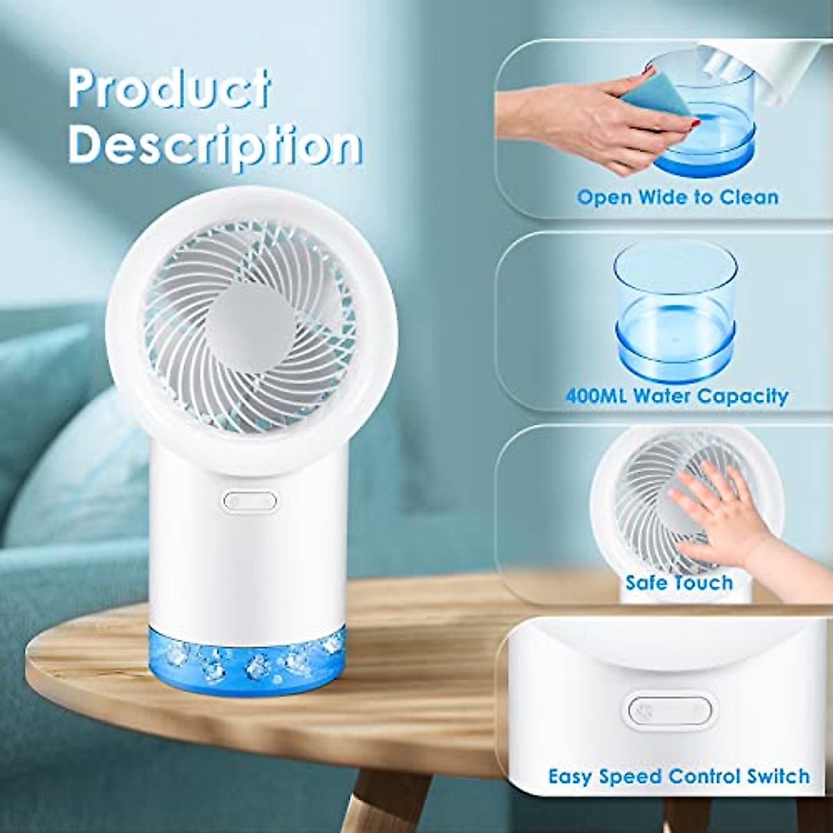 GeMitSee Personal Air Cooler, Portable Evaporative Conditioner with 3 Speeds, Mini Air Fan with USB for Home, Bedroom Room, Office, Dorm, Car, Camping Tent, Blue