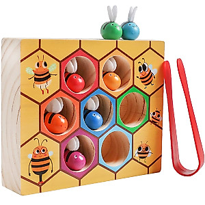 Toddler Fine Motor Skill Toy, Clamp Bee to Hive Matching Game, Montessori Wooden Bee Hive Toys, Wood Color Sorting Puzzle Early Learning Preschool Educational Gift for 2 3 4 Years Old Kids