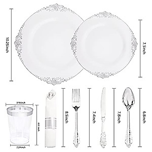 Liacere 350PCS Silver Plastic Plates & Pre Rolled Napkins for 50 Guests, 100 Silver Disposable Plates, 150 Silver Plastic Silverware, 50Cups and 50Napkins for Wedding & Party