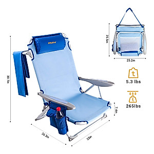 #WEJOY 4-Position Portable Reclining Beach Chair Lay Flat Stable Lightweight Folding Beach Chair with Removable Pillow, Side Pockets, Shoulder Strap, Supports 265 lbs