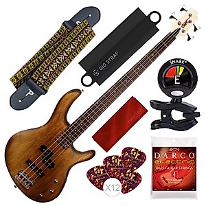 Cort Action PJ Series 4-String Electric Bass, Open Pore Walnut with Guitar Strap, Massaging Shoulder Strap Attachment and Bundle