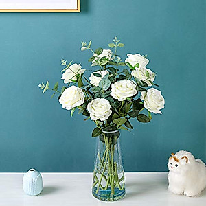 Hawesome 12PCS Artificial Silk Flowers Realistic Roses Bouquet Long Stem for Home Wedding Decoration Party (12PCS-White)