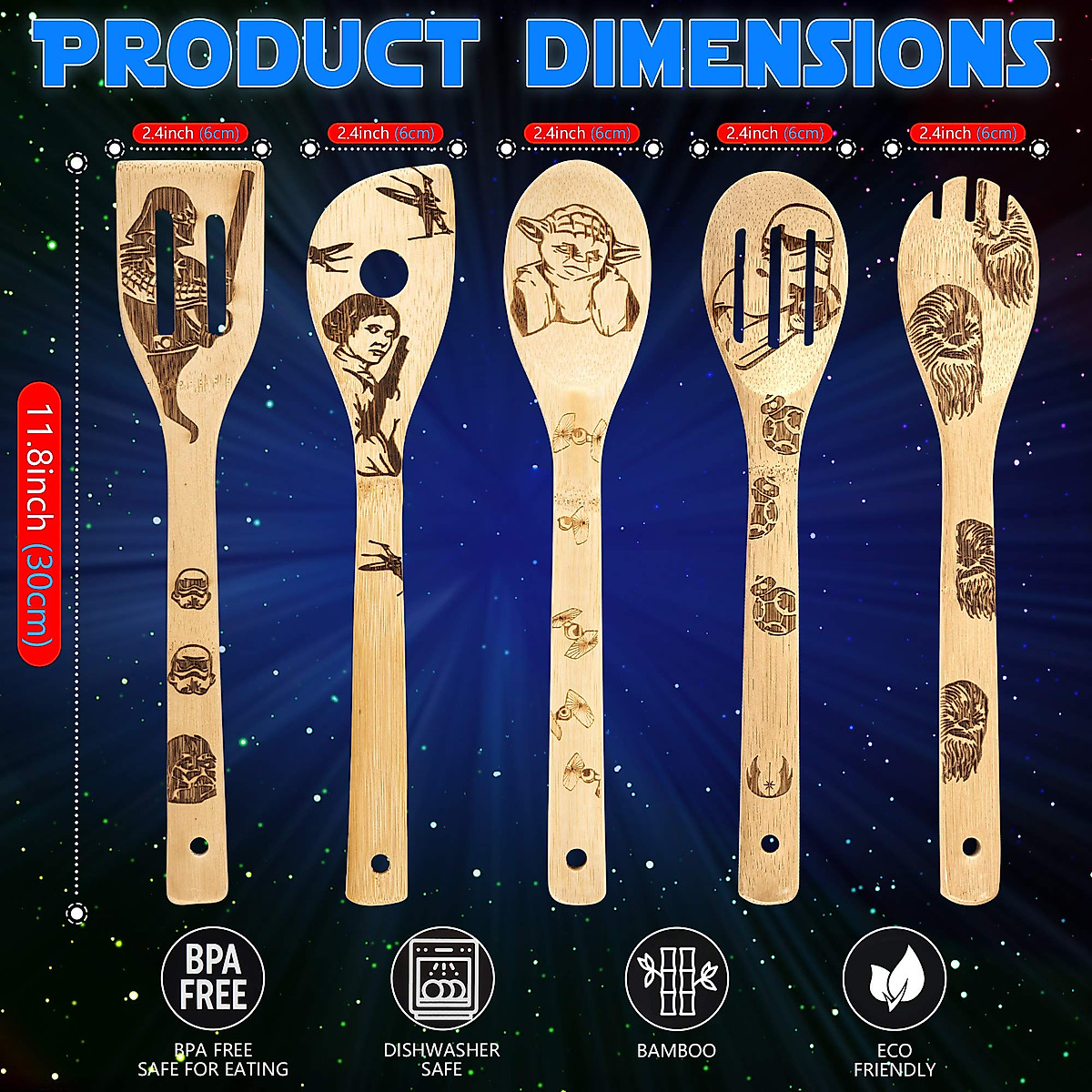 Luxxis Star Wars Gifts Kitchen Accessories Bamboo Cooking Utensils 7PC Set- 5X Organic Bamboo Spoons, 1X Kitchen Apron, 1X Dishwasher Magnet – Premium Cookware and Apron –Adorable Double-Sided Magnet
