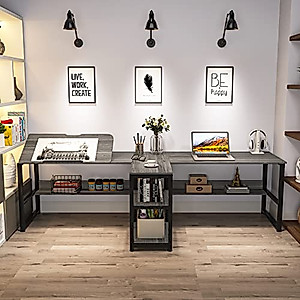 Tribesigns 94.5 inch Two Person Desk with Storage Shelves and Tiltable Tabletop, Double Computer Desk with Printer Shelf, Extra Long Double Workstation Desk Study Table for Home Office (Grey)