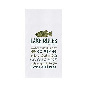 3 Lake House Theme Embroidered Kitchen Towel Set-Waffle Flour-Hand Towels w Lake Rules, Paddles Anchor-Outdoor Camping Boating Dish Cloths