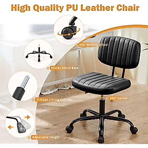 Sweetcrispy Small Office Desk Chair - Armless PU Leather with Comfy Lumbar Support, Height Adjustable Rolling Swivel Task for No Arms, for Adult, Student, Bedroom, Home, Vanity