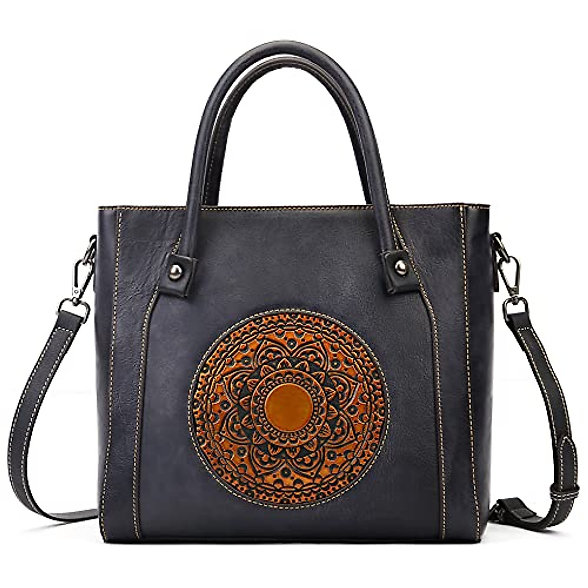 Genuine Leather Handbag for Women,Retro Embossing Mandala Design Purse Organizer Vintage Handmade Crossbody (3299 Grey)
