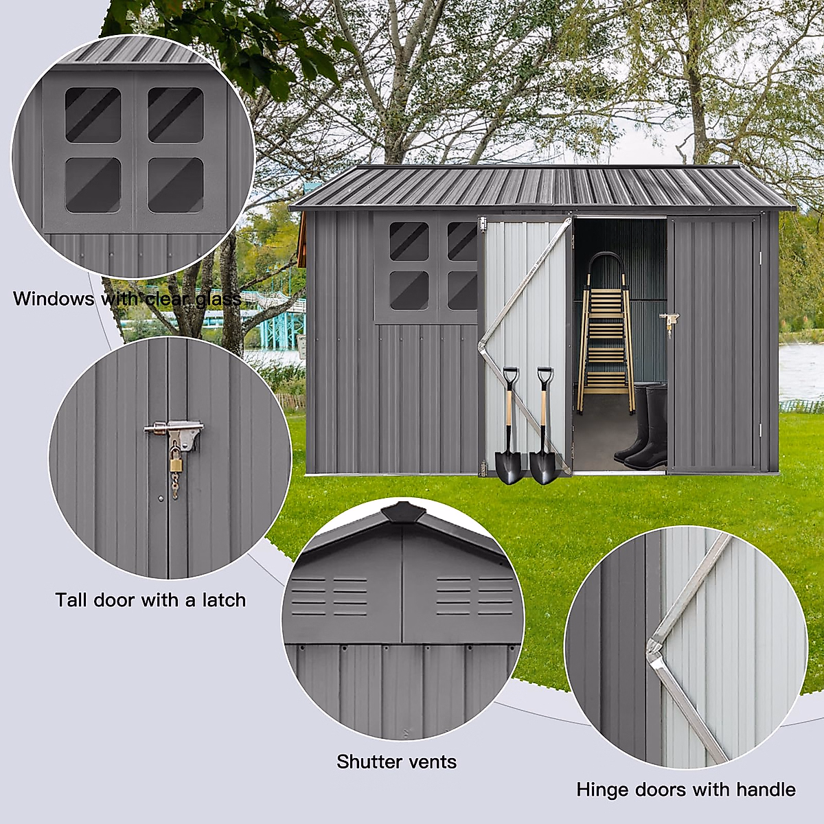 Morhome 8x6 FT Outdoor Storage Shed with Windows, Tool Garden Metal Sheds with Lockable Door, Outside Waterproof Galvanized Steel Storage House for Backyard Garden, Patio, Lawn