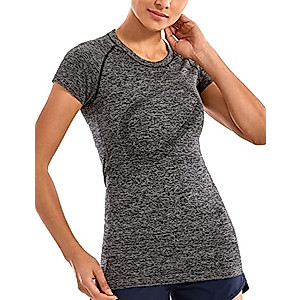 CRZ YOGA Seamless Workout Shirts for Women Short Sleeve Sports Tees Quick Dry Breathable Gym Athletic Tops Black and White Medium
