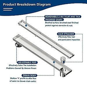 Neodrain 32-Inch Offset Linear Shower Drain with Tile Insert Grate Cover, Brushed 304 Stainless Steel Rectangle Side Outlet Shower Floor Drain, Adjustable Leveling Foot, Hair Strainer/Catcher