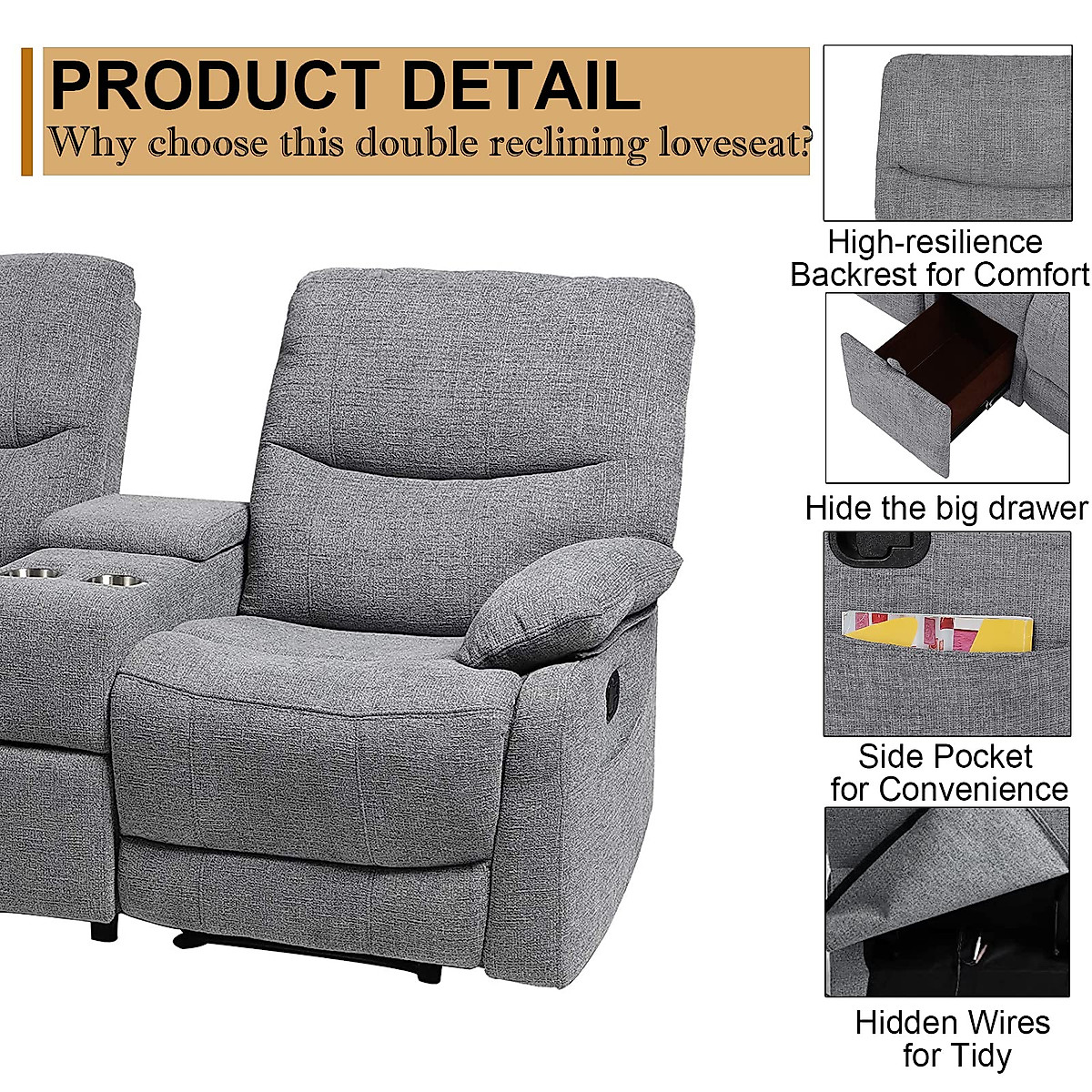 B BAIJIAWEI Double Reclining Loveseat - Fabric Home Theater Seating with Console - 2 Seater Manual Reclining Couch for Living Room, Office (Fabric- Light Grey)