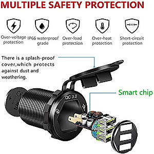 3 USB 3.0 Car Charger, 12V/24V 36W QC3.0 USB Charger Socket, 3 x USB 3.0 Socket Charger USB Outlet Fast Charge with 10A Wire Fuse Aluminum (Black)