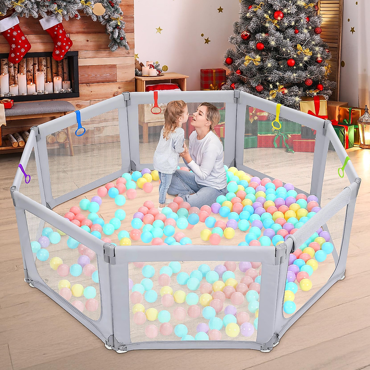 Dripex Foldable Baby Playpen, 71"×69" Play Pens for Babies and Toddlers, Safe Anti-Fall Play Yard with Gates, Baby Fence with Breathable Mesh, Indoor & Outdoor Kids Activity Center, Ash Grey