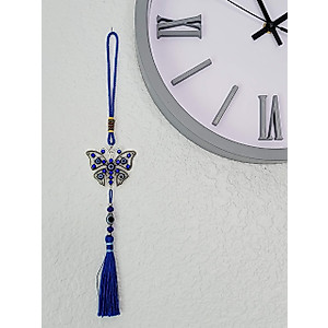 LUCKBOOSTIUM Center Evil Eye Butterfly Charms Pendant in Blue Crystal Stone w/Tassels for Good Luck & Protection Car Rear View Mirror Hanging Ornament Accessories Home Decor Charm