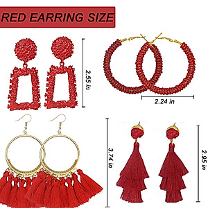 PRENDI 4 Pairs Red Earrings for Women Layered Tassel Earrings Bohemian Hoop Tassel Earrings Red Beaded Hoop Earrings (Red)