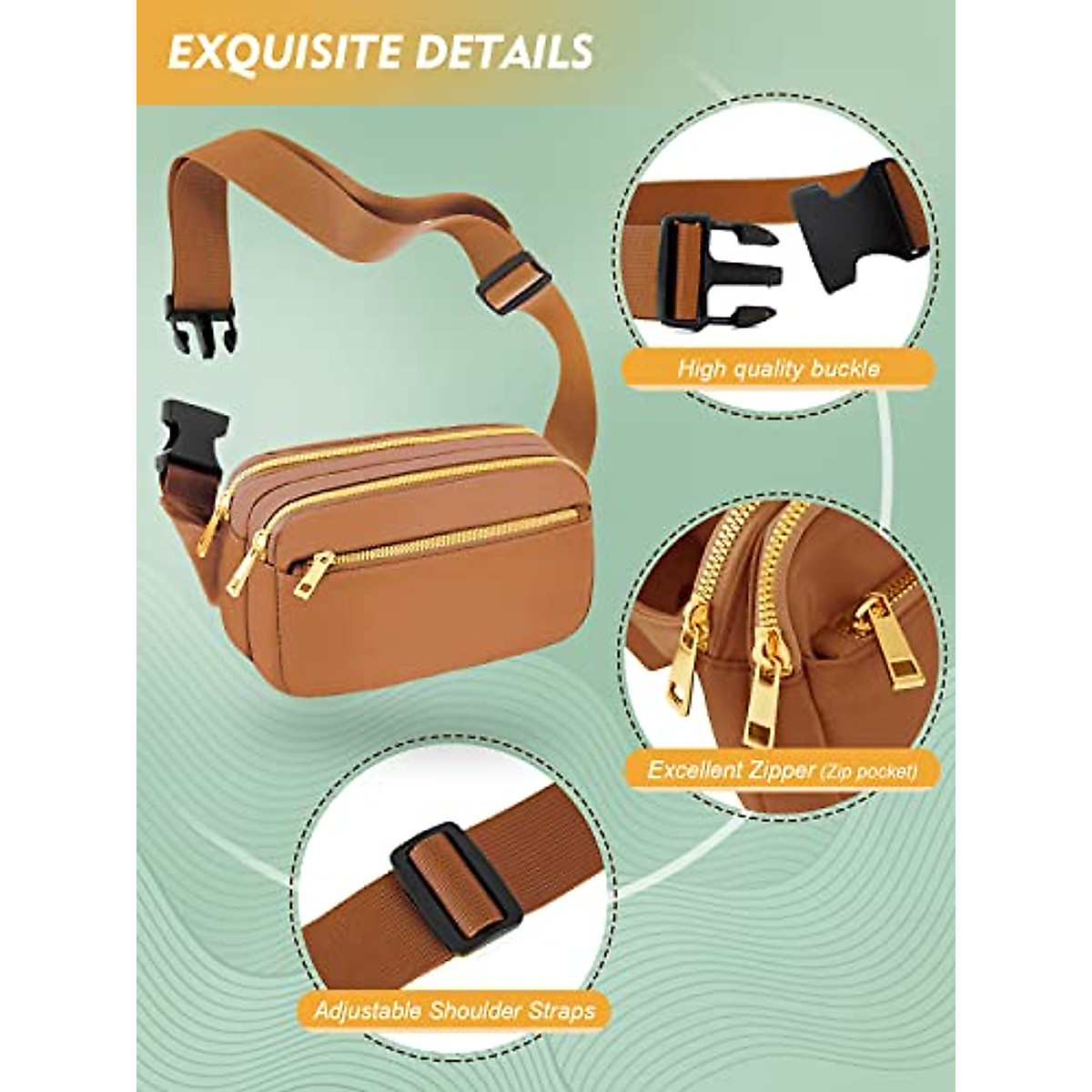 FIORETTO Fanny Packs for Women Men Fashion Crossbody Belt Bag with 3 Zipped Pocket Adjustable Small Waist Pouch Bum Bag for Dog Walking Running Hiking Travel Workout Brown