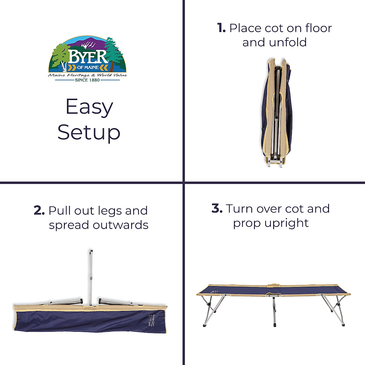 BYER OF MAINE Easy Cot - Extra Large Folding Cot - Heavy Duty Cot for Indoor and Outdoor Use - Cot Bed for Adults - 78”L X 31”W X 18”H - 330 lb Capacity