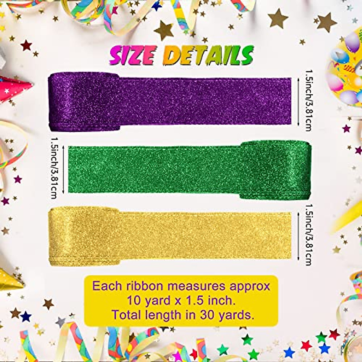 3 Roll 30 Yards Halloween Glitter Wired Ribbon Halloween Party Favors Decor Gift Wrapping Ribbon for Craft Headband Bow Decor (Gold, Purple, Green, 1.5 Inch)