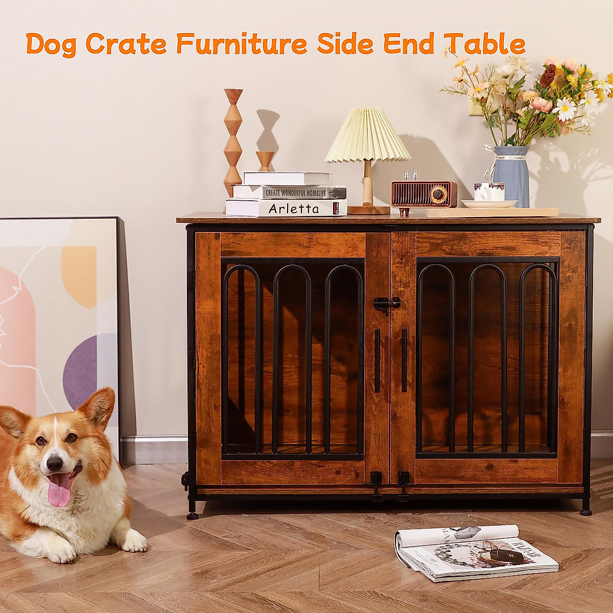 Dog Crate Furniture, 39.37" Double Doors Wooden Dog Kennel End Table, Indoor Dog House End Table Furniture Style for Small/Medium/Large Dogs Anti-Chew Crate,Retro Brown