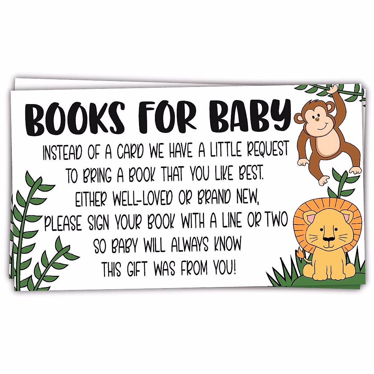 50 Safari Jungle Animals Books for Baby Shower Request Cards - Invitation Inserts - Gender Neutral