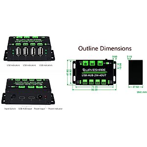 Industrial Grade USB HUB with 4X USB 2.0 Ports, Switchable Dual Hosts, Support Multi System Multi Protections ESD Protection TVS Diode Compatible with Linux, Windows 11/10 / 8.1/8 / 7 / XP