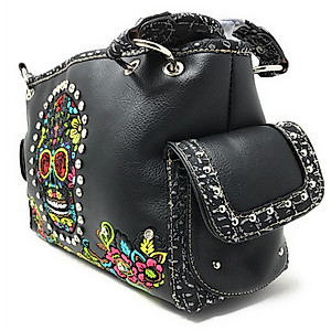 Texas West Women's Embroidered Metal Skull Purse Handbag and Wallet set in 7 colors (Black messenger bag)