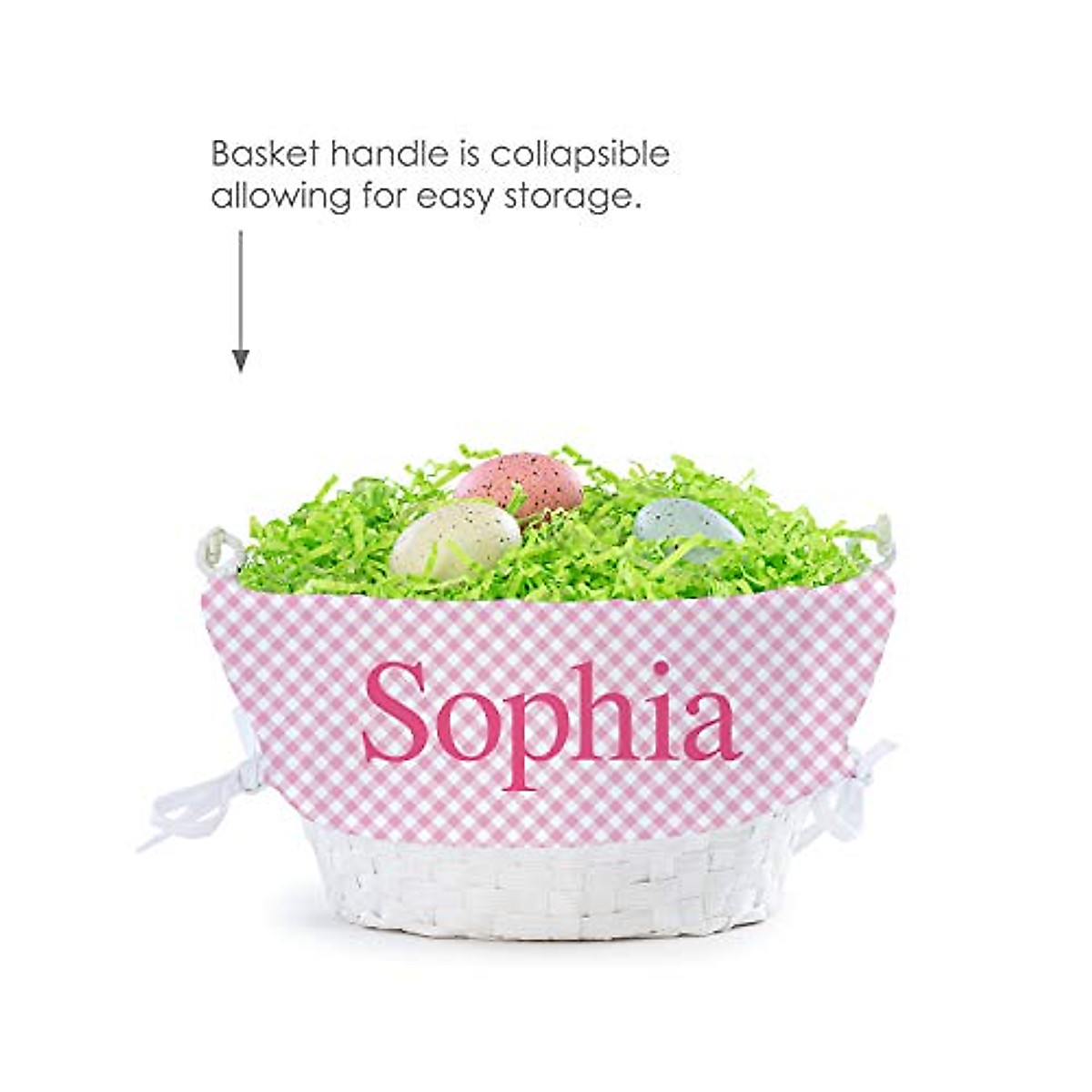 Personalized Easter Egg Basket with Handle and Custom Name | Pink Gingham Easter Basket Liners | White Basket | Woven Easter Baskets for Kids and Adults | Customized Easter Basket | Gift for Easter