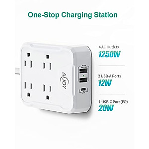 Power Strip with 4 Wide Outlets 3 USB Ports (1 USB C-PD) 5ft Flat Plug Extension Cords Compact for Travel, Cruise Must Haves, Dorm Room Essentials