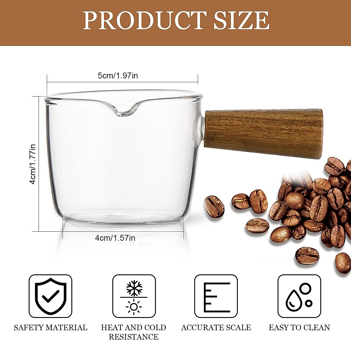 Single Spout Espresso Coffee Shot Glass with Wood Handle Measuring Cup Triple Pitcher Milk Cup Coffee Replacement Carafe for Barista Milk Espresso Making, 75 ml (2 Pieces)