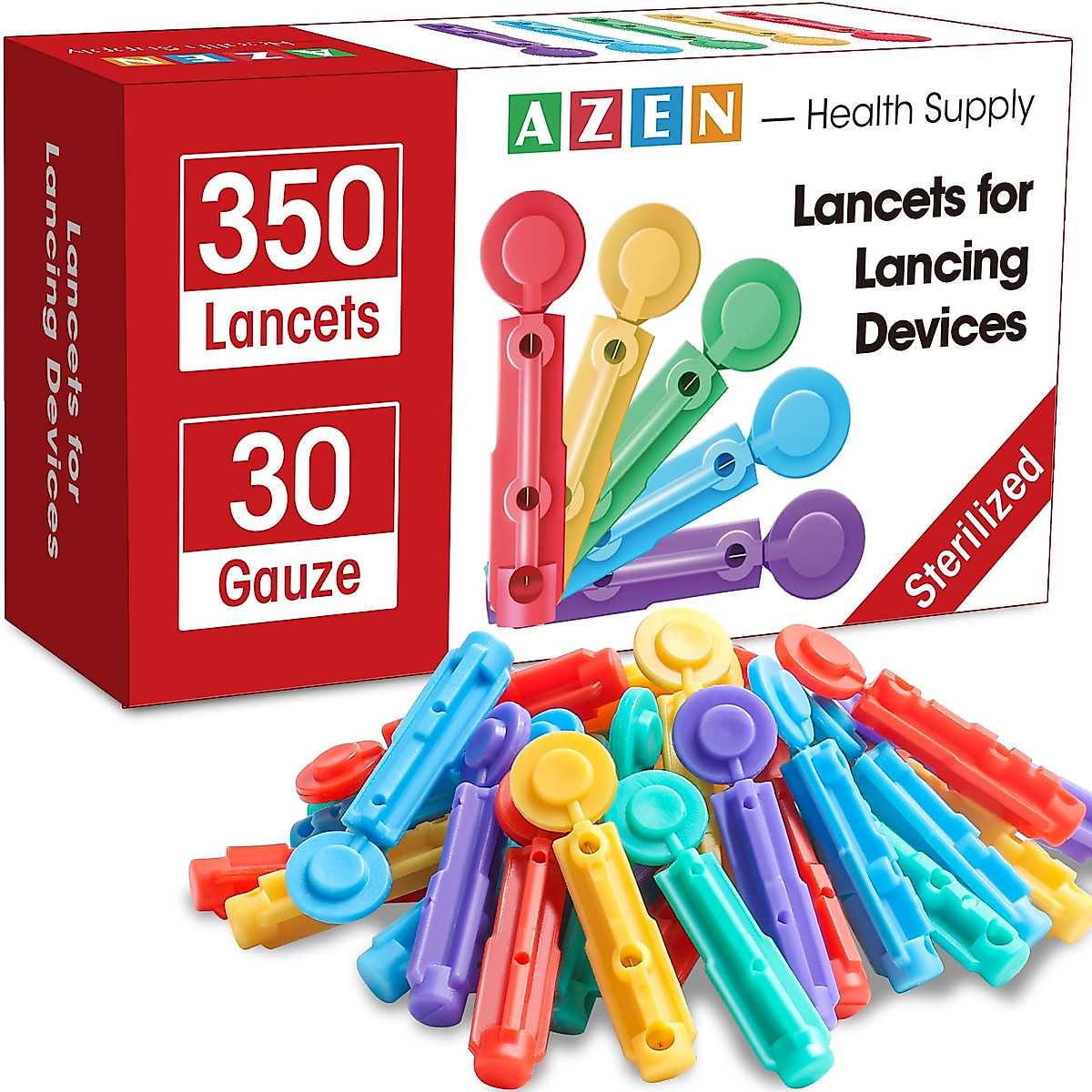 AZEN 350 Pcs Lancets for Diabetes Testing, 30 Gauge Multicolored Blood Sugar Lancets, Diabetic Lancets for Lancing Device