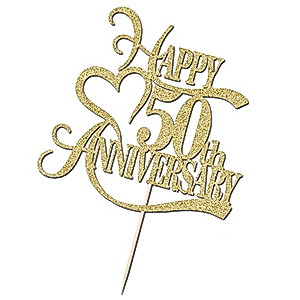 Gold Glitter 50th Anniversary Cake Topper - 50 Wedding Anniversary Party Decoration Ideas, 50th Anniversary Party / 50th Birthday Party Decorations