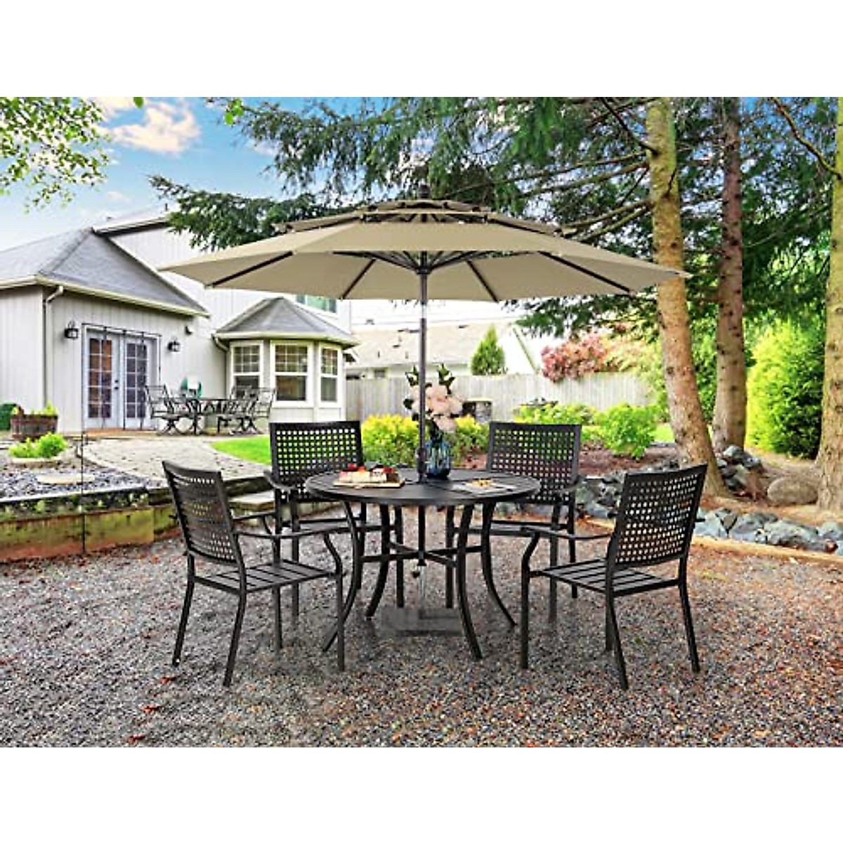 PHI VILLA 5 Pieces Patio Dining Set for 4 with 10ft Patio Umbrella, Metal Patio Circle Table Outdoor Stackable Wrought Iron Chair Set of 4 & 42" Large Round Dining Table,3 Tier Vented Beige Umbrella