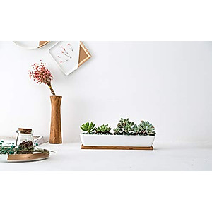Kipokalor 11.1x2.36x1.77inch Long Rectangular Modern Minimalist White Ceramic Succulent Planter Pot with Saucer for Office,Desk,Window.