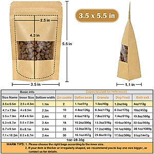 Blisstime Stand Up Pouch Bags, 100 Pack Kraft Paper Zip Lock Bags with Matte Window and Tear Notch Resealable Bags for Small Business Home Use (3.5 X 5.5 Inches)