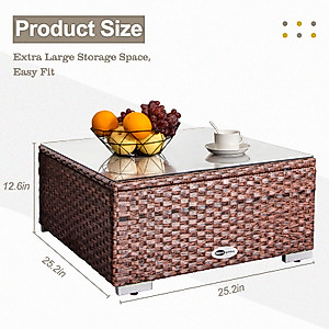 Outdoor Coffee Table for Patio Table Wicker Patio Coffee Table Lawn Garden Rattan Small Coffee Table with Glass Top All-Weather, 25.2in Mixed Brown