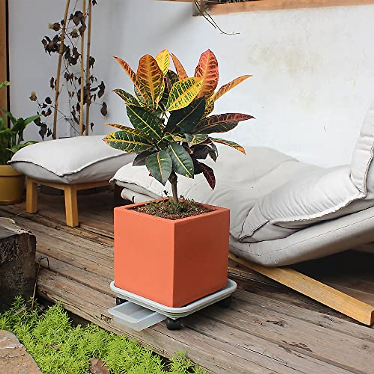 BangQiao 2 Pack 8.80 Inch Base Width Gray Plastic Square Plant Caddy with Wheels, Drainage,and Water Container, Rolling Pot Dolly Trolley Stand Holder Pallet with Caster for Indoor Outdoor Planter