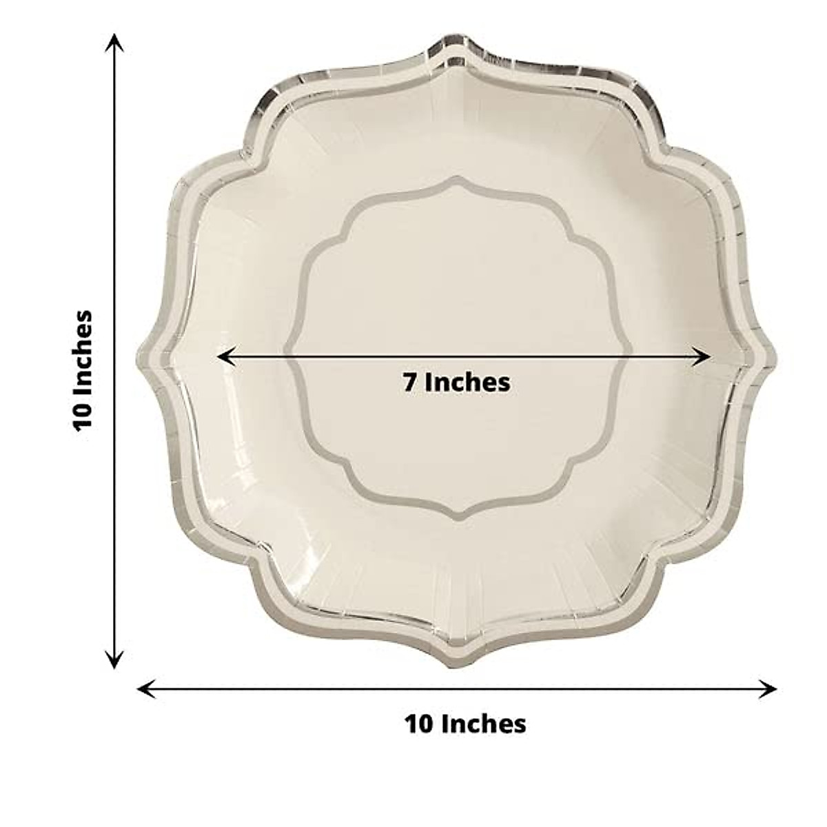 Tableclothsfactory 25 Pack | White/Silver 10" Scallop Rim Dinner Party Paper Plates, Disposable Plates - 300 GSM