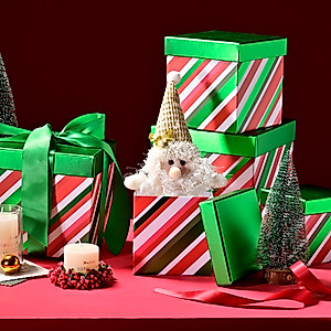 PAPER FAIR 5PCS Christmas Nesting Gift Boxes with Lid, Xmas Nested Box Set, 5 Sizes, Square Stackable, Green Red Stripe Paper Box Tower Décor with Satin Ribbon, for Holiday Thanksgiving New Year