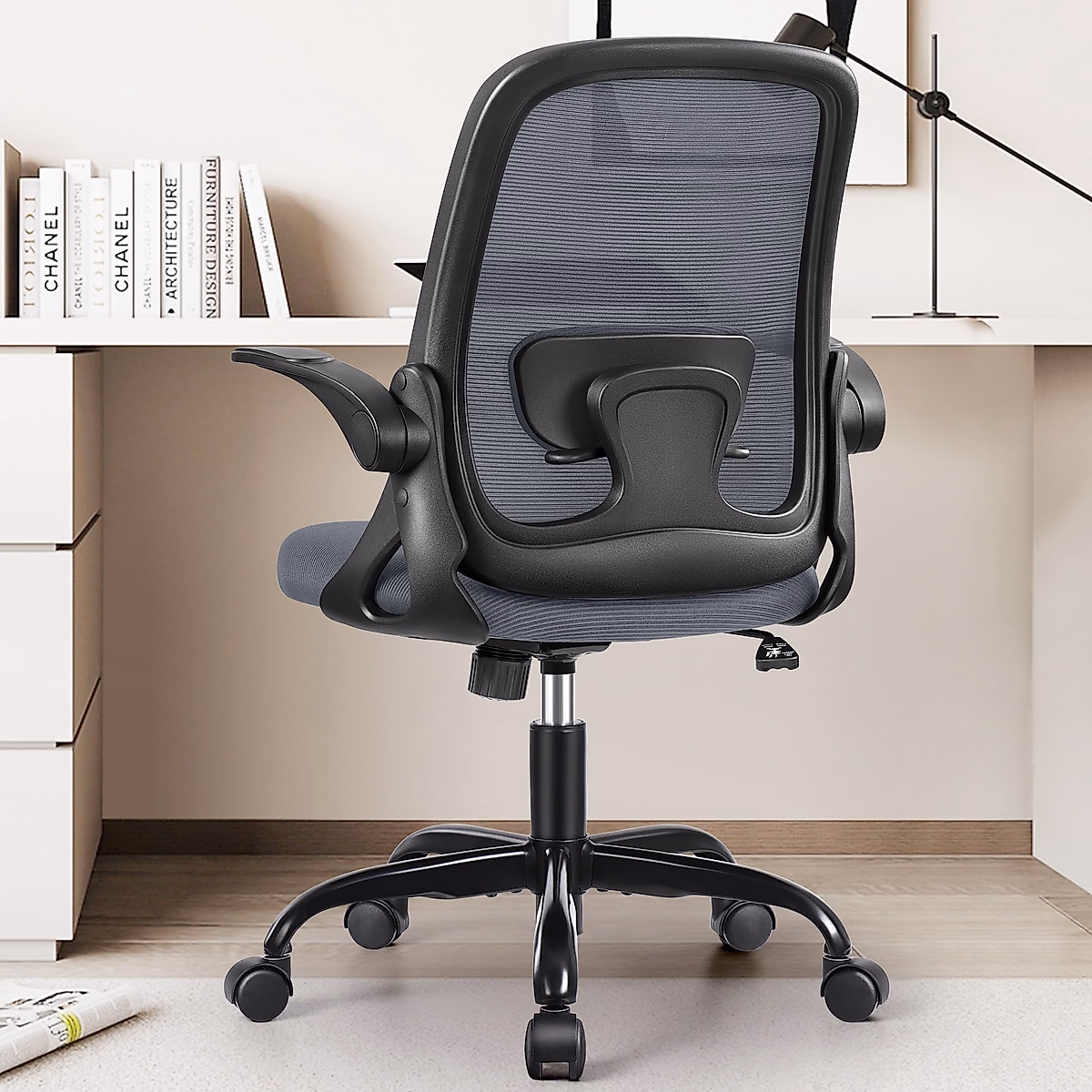 Winrise Office Chair Ergonomic Desk Chairs with Lumbar Support and Flip-up Arms, Comfortable Breathable Mesh Computer Executive Chair with Swivel Task, Adjustable Height 4'', Home, Bedroom - Dark Gray