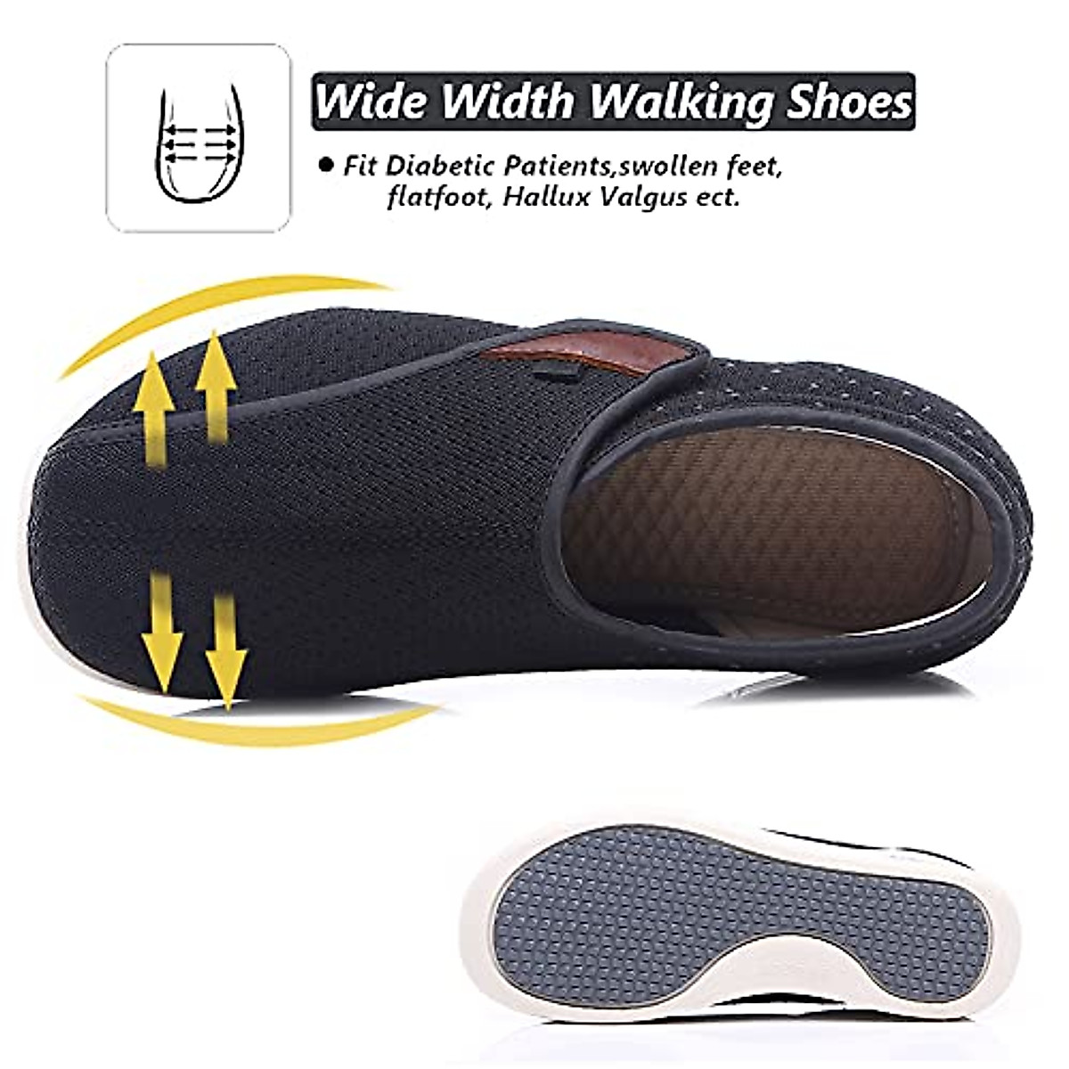 W&LESVAGO Women Extra Wide Width Diabetic Edema Shoes, Lightweight Breathable Adjustable Closure Walking Sneakers Easy On/Off(8#, Black)