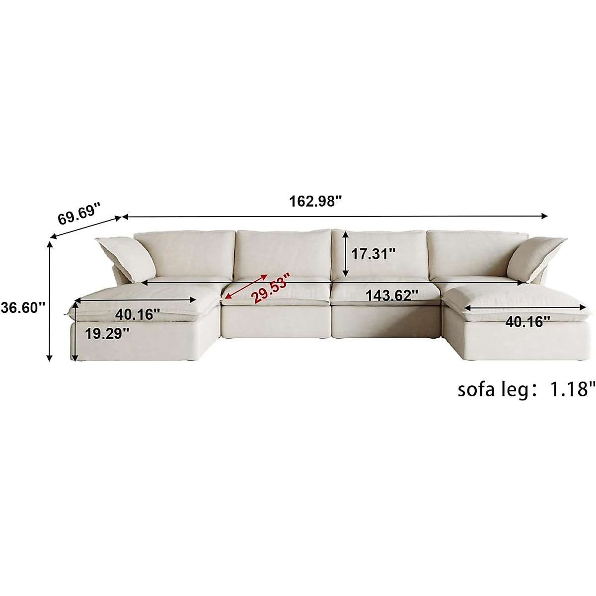 JACH U Shape Couch Sectional for Living Room, Convertible Sectional Sofa, Modern Deep Seat Cloud Couch, Modular Sectional Couch with Ottomans for Living Room, Apartment (4 Seats, 2 Ottomans, Beige)