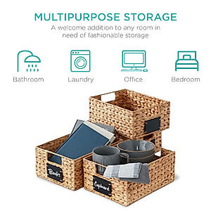 Best Choice Products Set of 4 9x12in Water Hyacinth Pantry Baskets, Woven Kitchen Organizers w/Chalkboard Label, Chalk Marker - Natural